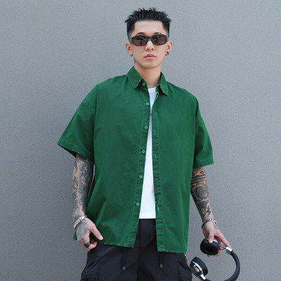 美式工装衬衫短袖夏季宽松纯棉脏染衬衣男 A436-0601E-P40控价68-青创网